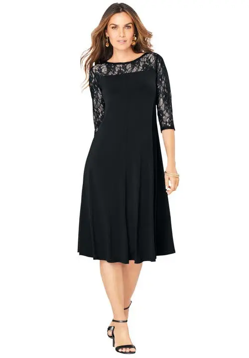 ROAMAN'S 3/4 Sleeve Allover Lace Swing Dress - Black