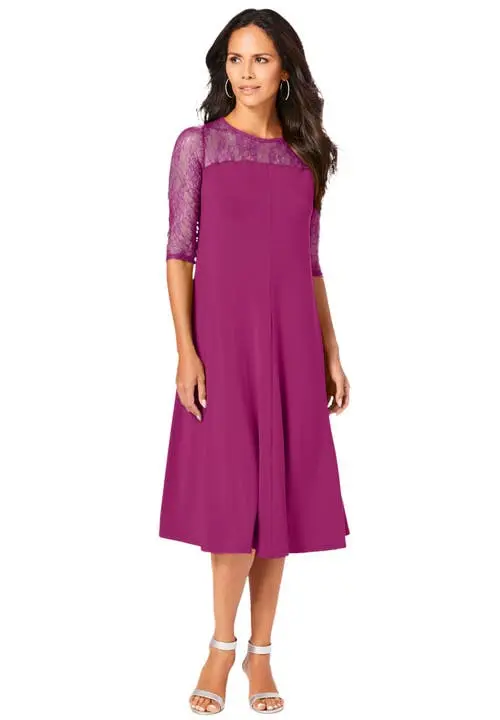 ROAMAN'S 3/4 Sleeve Allover Lace Swing Dress - Raspberry