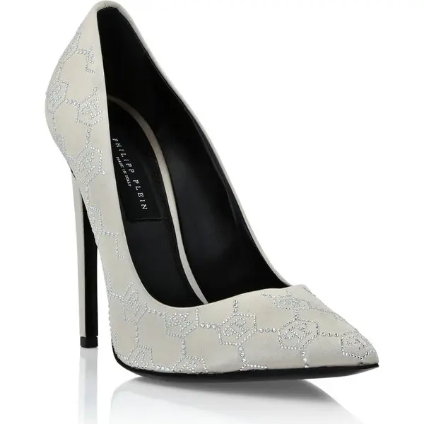 Philipp Plein Satin Monogram Embellished Stiletto Heels - Beige