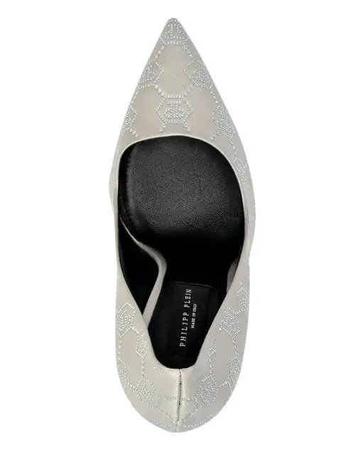 Philipp Plein Satin Monogram Embellished Stiletto Heels - Beige