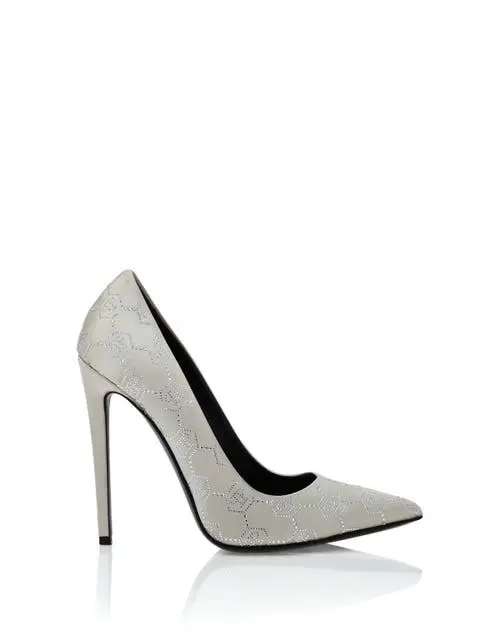 Philipp Plein Satin Monogram Embellished Stiletto Heels - Beige