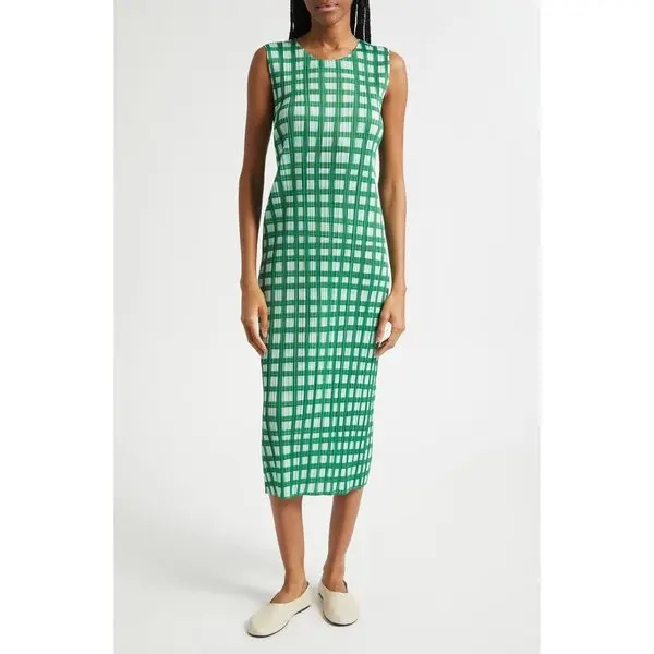 Issey Miyake Basket Print Pleated Midi Dress - Green
