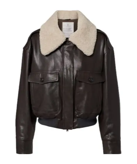 Brunello Cucinelli Dark Brown Leather Cropped Bomber Jacket