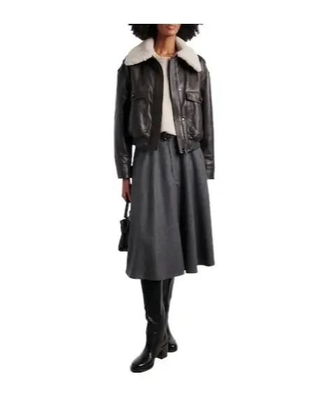 Brunello Cucinelli Dark Brown Leather Cropped Bomber Jacket