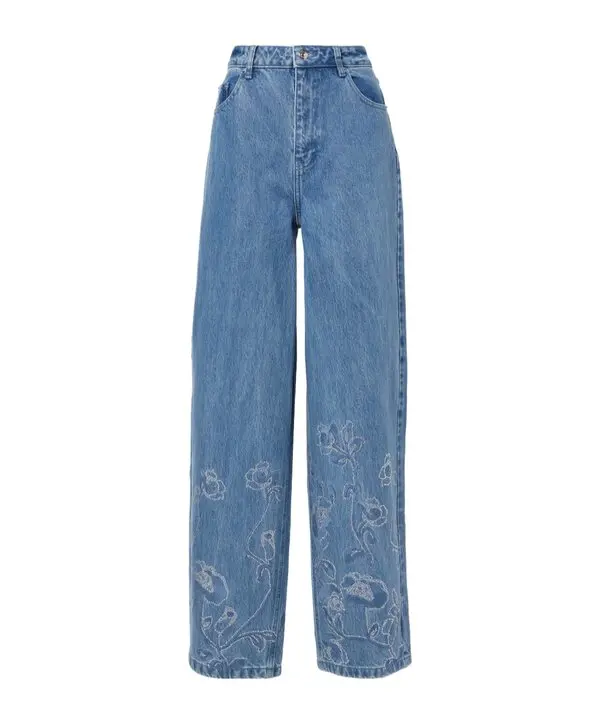 ROTATE BY BIRGER CHRISTENSEN Floral-embellished Wide-leg Jeans - Blue