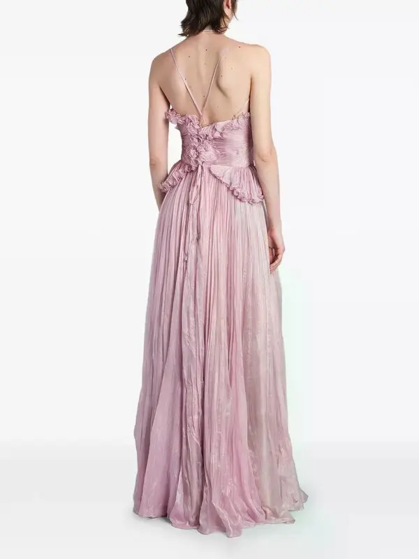 IRIS SERBAN Rose Pleated Maxi Dress With Ruffled Trim