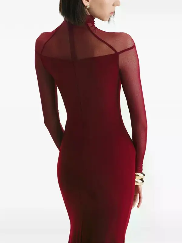 2310 STUDIO Mesh Panel Long Sleeve Maxi Dress - Red