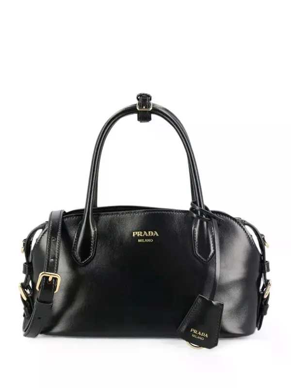 Prada Logo Stamp Leather Shoulder Bag - Black