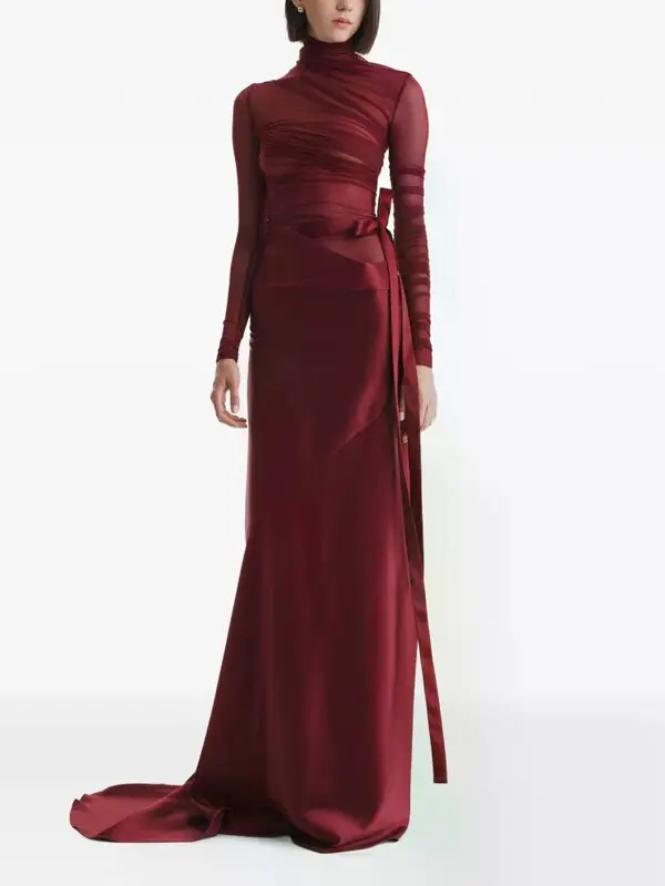 2310 STUDIO Burgundy Satin Maxi Skirt With Bow Detail
