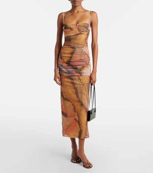 SIR. Draped Printed Mesh Midi Dress