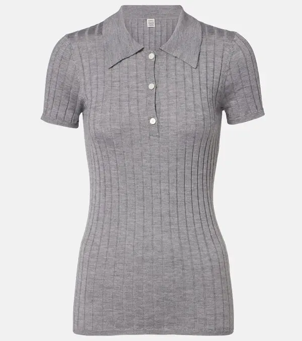TOTEME Ribbed-knit Cashmere And Silk Polo Shirt - Grey