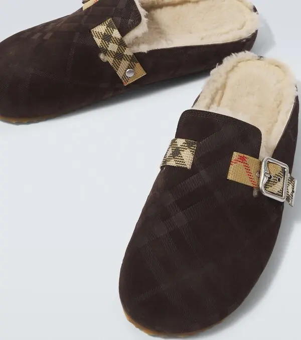 Burberry Shearling-lined Suede Clogs - Brown