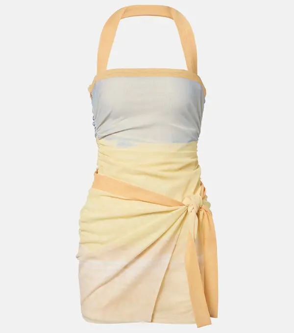 SIR. Printed Halterneck Mesh Minidress - Yellow