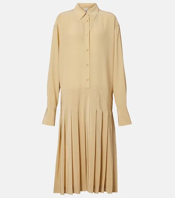 TOTEME Pleated Silk Shirt Dress - Beige
