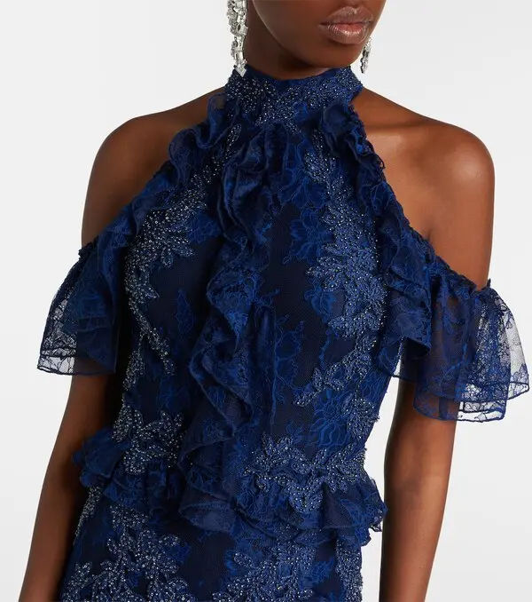 Costarellos Embellished Halterneck Lace Gown