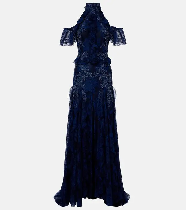 Costarellos Embellished Halterneck Lace Gown - Blue