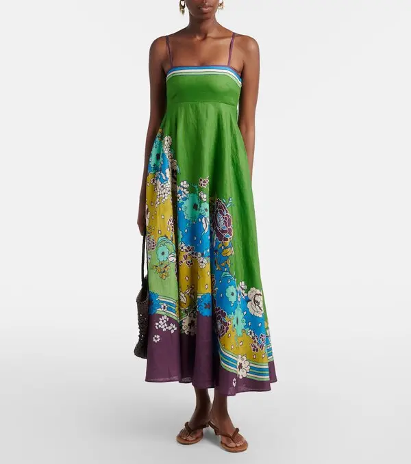 ALEMAIS Nanci Printed Linen Midi Dress - Multicoloured