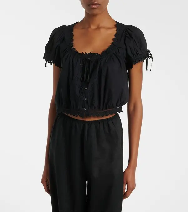 DÔEN Embroidered Cotton Top - Black