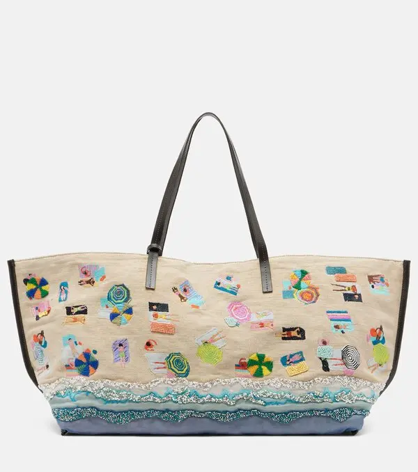 Staud Christos Large Beaded Canvas Tote Bag