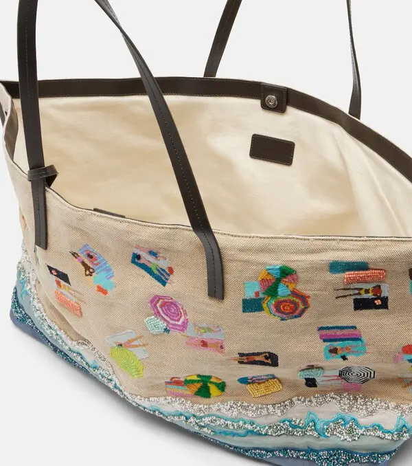 Staud Christos Large Beaded Canvas Tote Bag