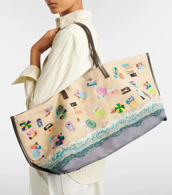 Staud Christos Large Beaded Canvas Tote Bag