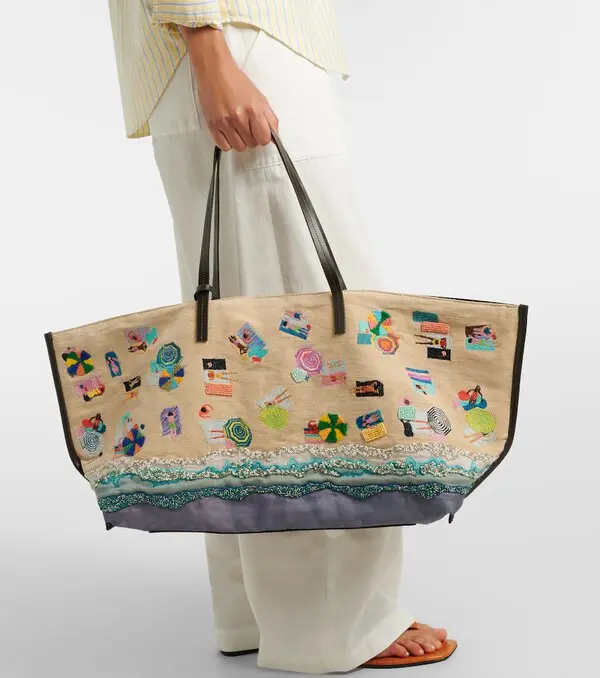 Staud Christos Large Beaded Canvas Tote Bag