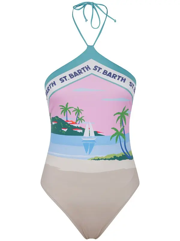 MC2 SAINT BARTH One-piece Swimsuit With "postcard" Print - Pink
