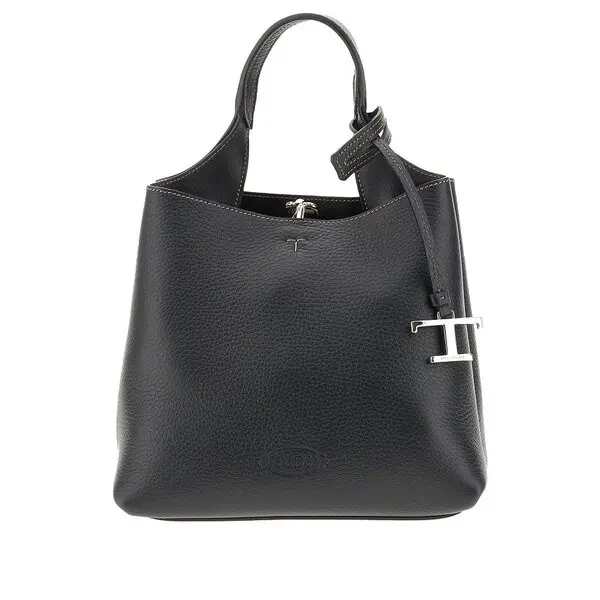 TOD'S Grained Leather Mini Shopping Bag With T Timeless Charm - Black