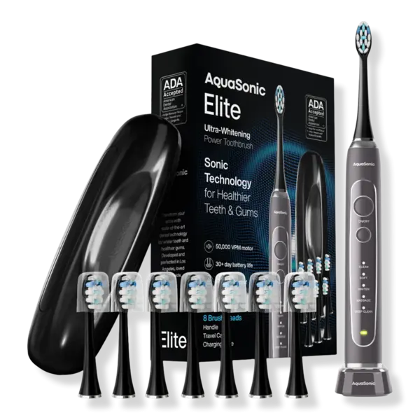 AQUASONIC Elite Rechargeable Electric Toothbrush With 8 Brush Heads & Travel Case - Charcoal