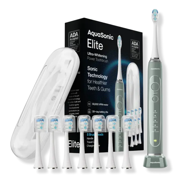 AQUASONIC Elite Rechargeable Electric Toothbrush With 8 Brush Heads & Travel Case - Green