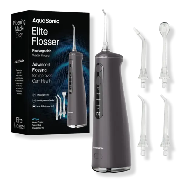 AQUASONIC Elite Rechargeable Water Flosser Set - Charcoal