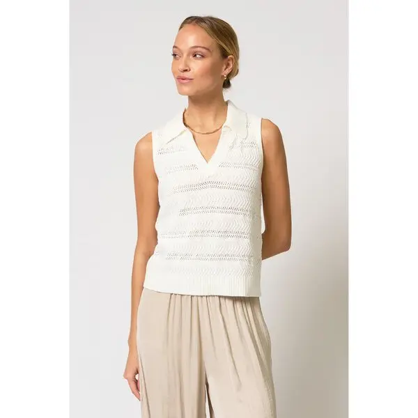 Central Park West Sleeveless Knit Top With Pointelle Zigzag Pattern And Johnny Collar - Ivory