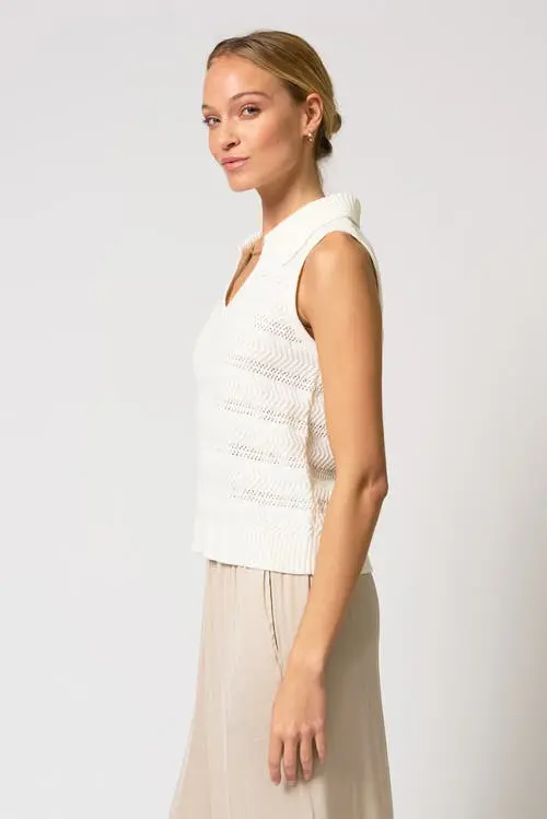 Central Park West Sleeveless Knit Top With Pointelle Zigzag Pattern And Johnny Collar