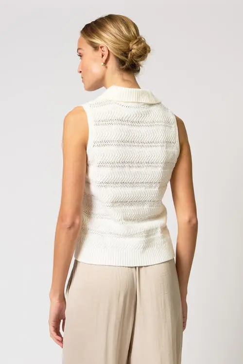 Central Park West Sleeveless Knit Top With Pointelle Zigzag Pattern And Johnny Collar