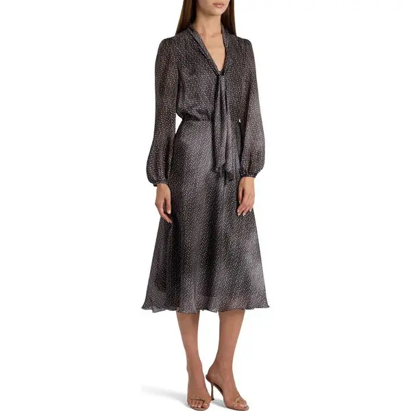 Santorelli Midi Dress With Drop Tie Neck In Micro-dot Print