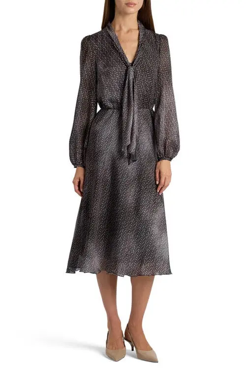 Santorelli Midi Dress With Drop Tie Neck In Micro-dot Print