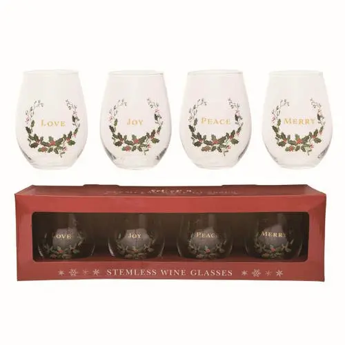 TRANSPAC Glass Stemless Wine Glasses Set Of 4 - Clear