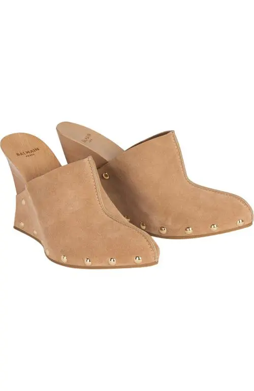 Balmain Wedge Clogs In Wood And Suede - Beige