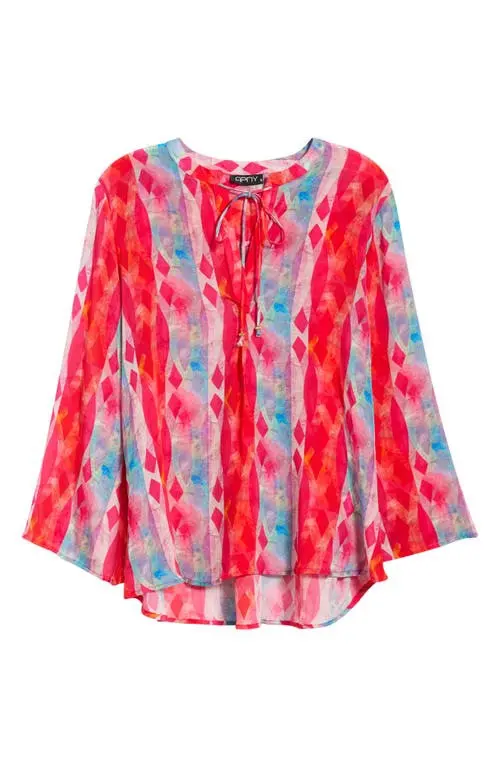 APNY Print Split Neck Bell Sleeve Top - Red Multi