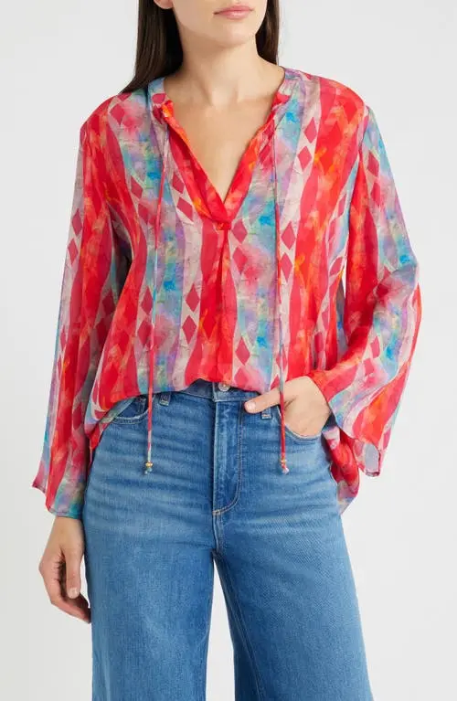 APNY Printed Split Neck Bell Sleeve Top - Red Multi