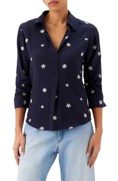 Karen Kane Embroidered Ruched Sleeve Cotton Gauze Shirt - Navy