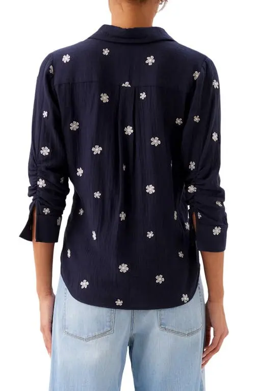 Karen Kane Embroidered Ruched Sleeve Cotton Gauze Shirt