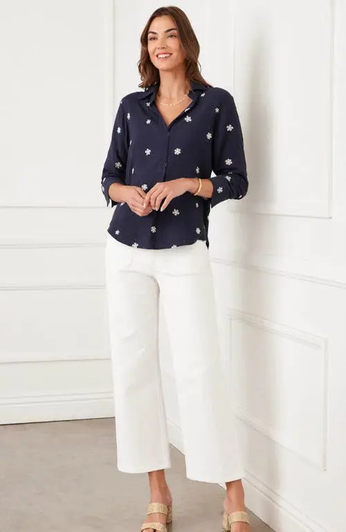 Karen Kane Embroidered Ruched Sleeve Cotton Gauze Shirt