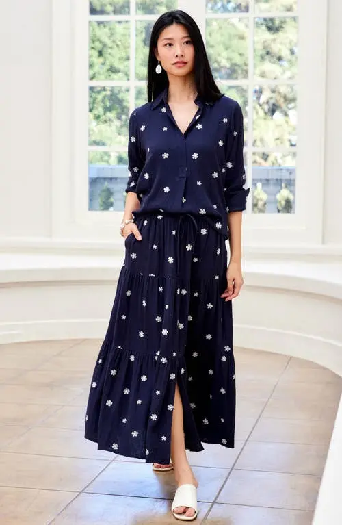 Karen Kane Embroidered Ruched Sleeve Cotton Gauze Shirt