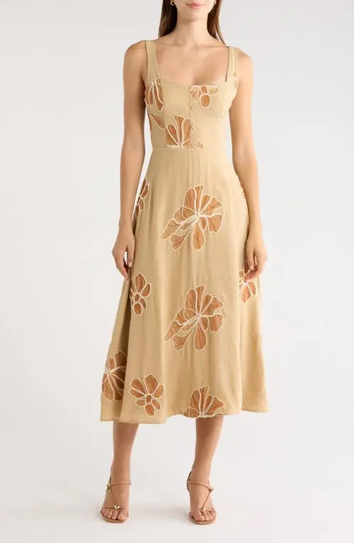 Moon River Embroidered Floral Midi Dress - Mocha Multi