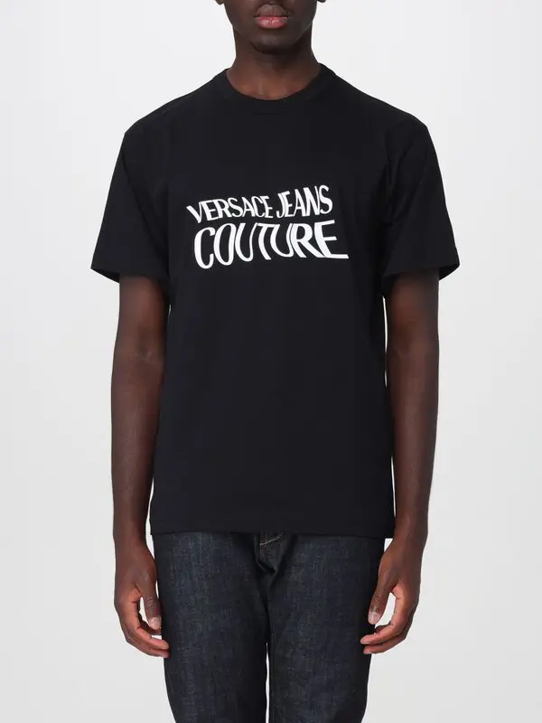 Versace Cotton Crew Neck T-shirt With Contrast Logo - Black