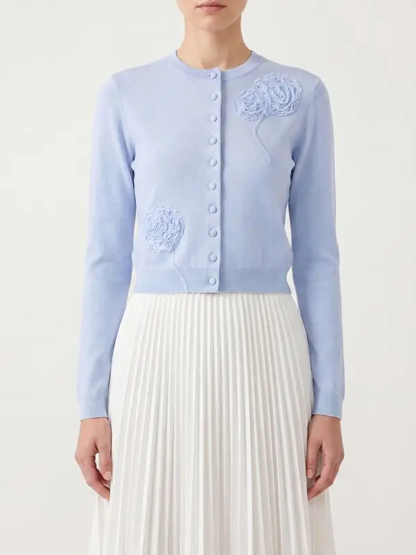 SELF-PORTRAIT Slim Fit Cardigan With Flower Appliqu - Blue