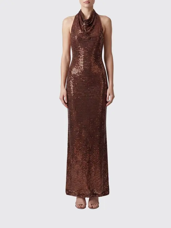 SELF-PORTRAIT Rhinestone Embellished Halterneck Long Evening Gown - Brown