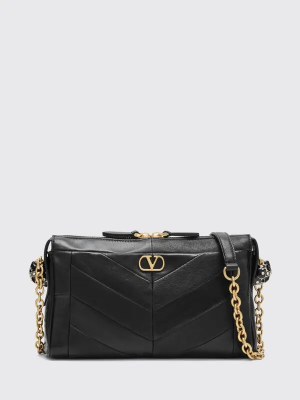 Valentino Garavani Panthea Chevron Leather Shoulder Bag With Vlogo And Rhinestones - Black