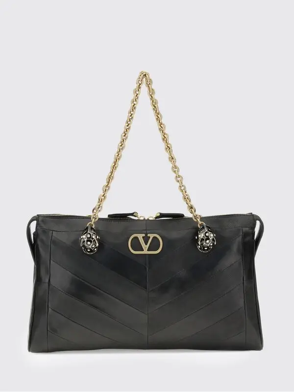 Valentino Garavani Panthea Leather Shoulder Bag With Chevron Embroidery And Swarovski Embellishments - Black